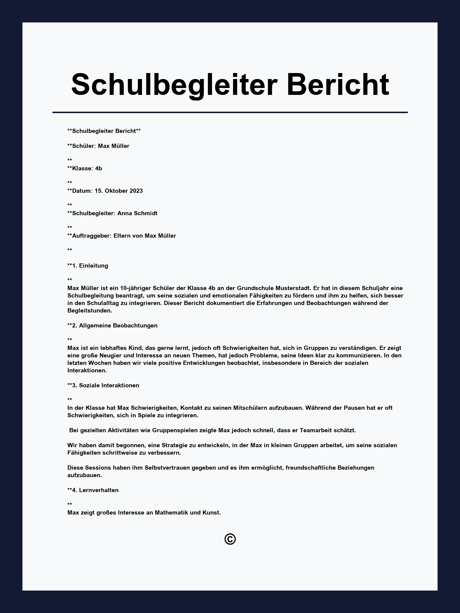 Schulbegleiter Bericht Muster